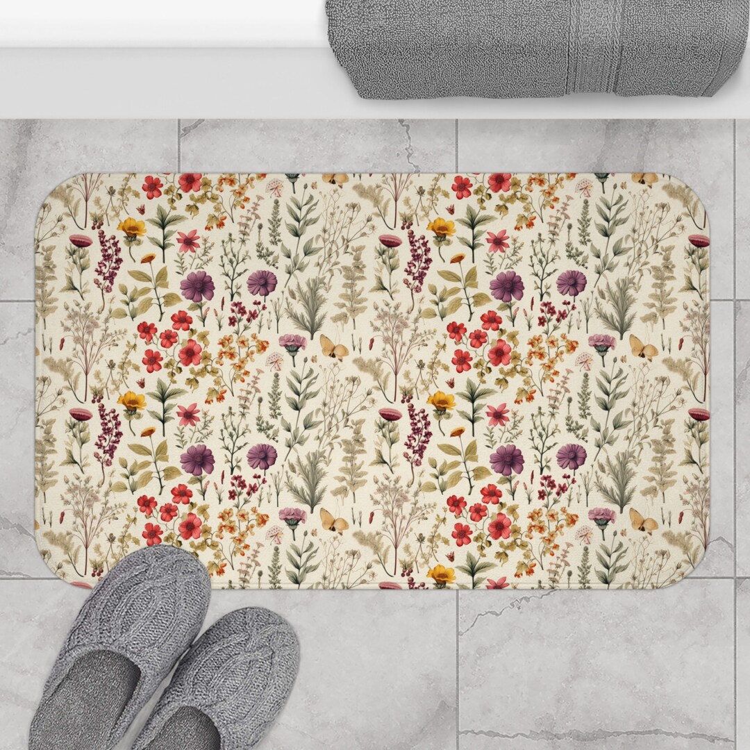 Vintage Botanical Wildflower Bath Mat | Floral Bathroom Decor | Boho ...