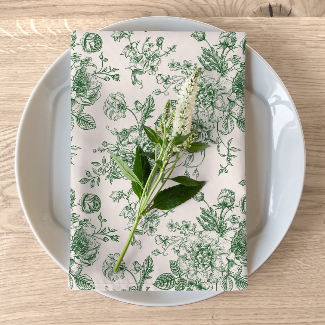 Green Floral Cloth Napkins | Set of 4 | Toile Linens | Chinoiserie ...