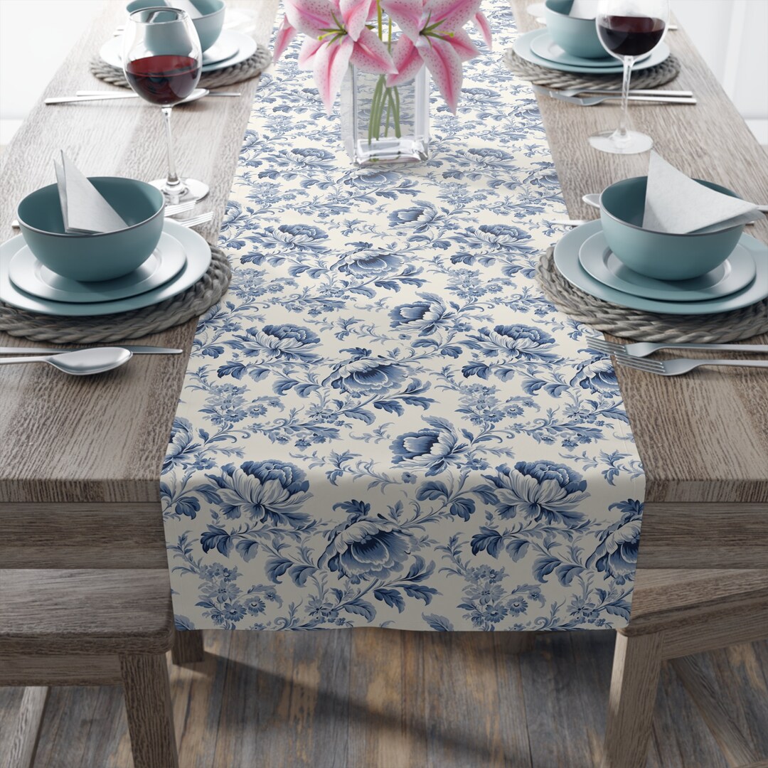 French Toile Table Runner | Blue Floral Table Runner | Victorian ...