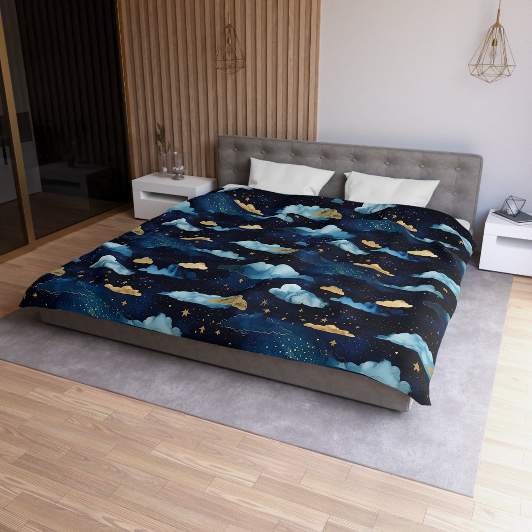 Celestial Duvet Cover Stars and Clouds Dark Blue Bedding - Etsy