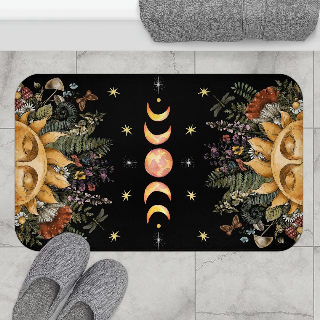 Cottagecore Bath Mat | Sun Face | Dark Boho Bathroom Decor | Moon Phase ...