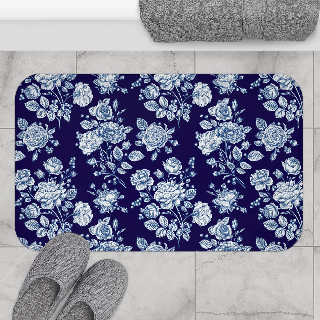 Blue Floral Bath Mat | Memory Foam | Victorian Bath Mat | Blue Toile ...