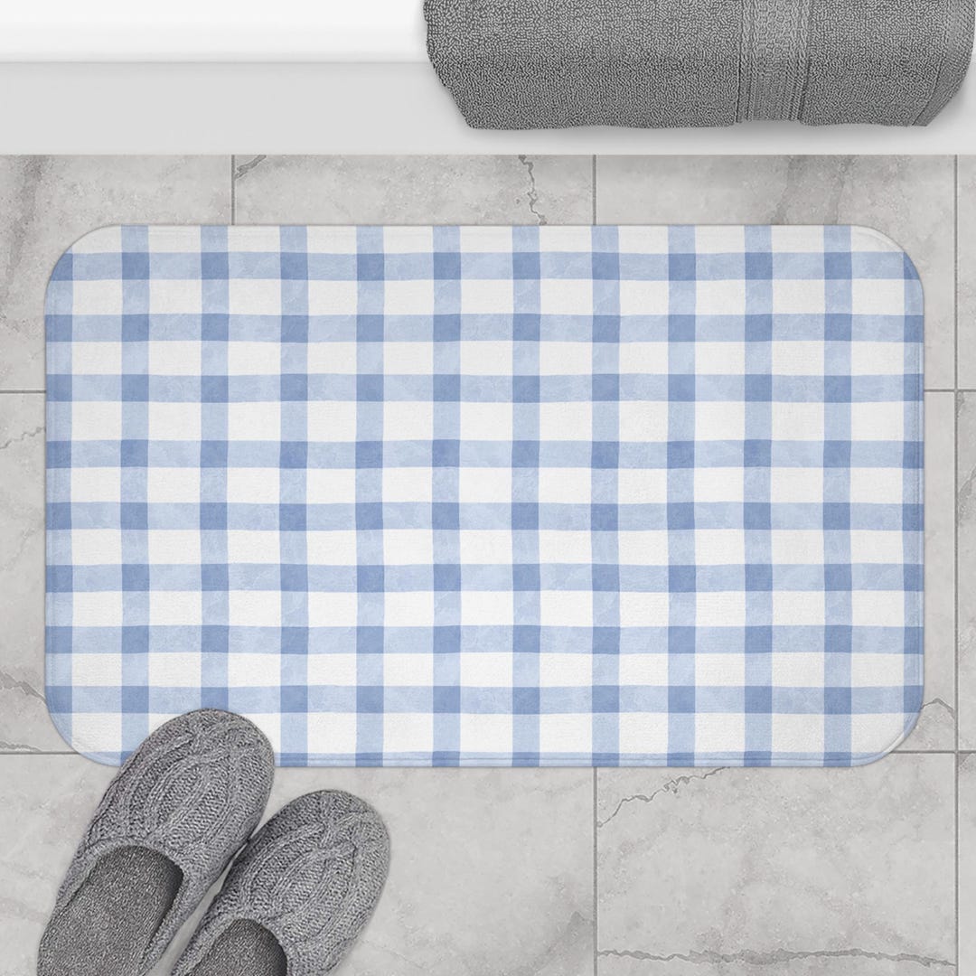 Blue Plaid Bath Mat | Blue Check | Gingham Bath Mat | Vintage Spring ...