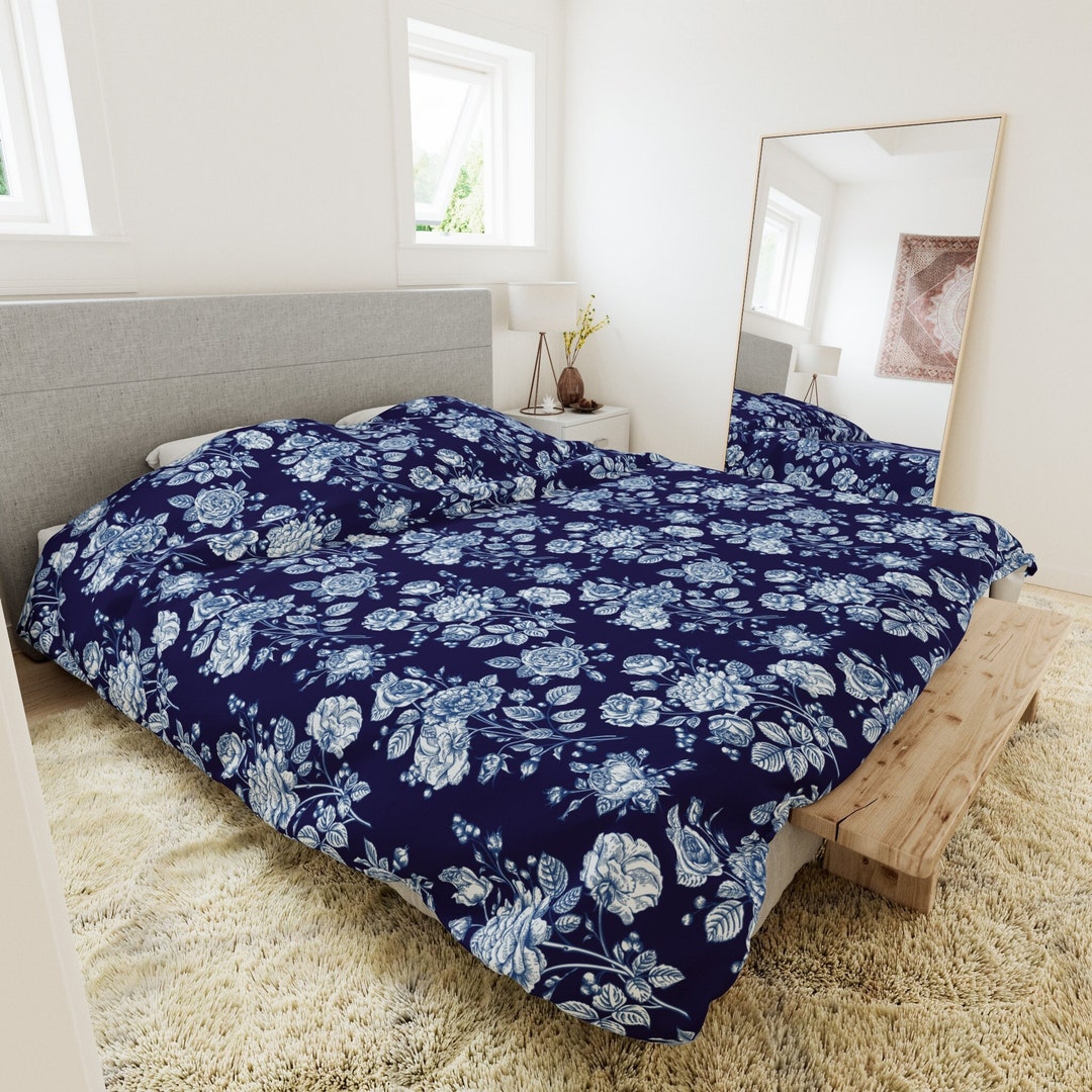 Blue Floral Duvet Cover | Victorian Bedding | Blue Toile | Farmhouse ...