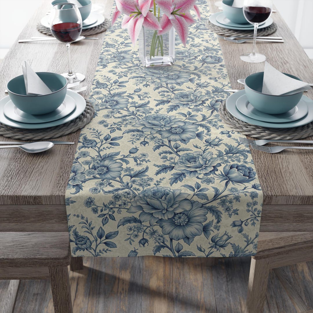 French Toile Table Runner | Blue Floral Table Runner | Rustic Kitchen ...