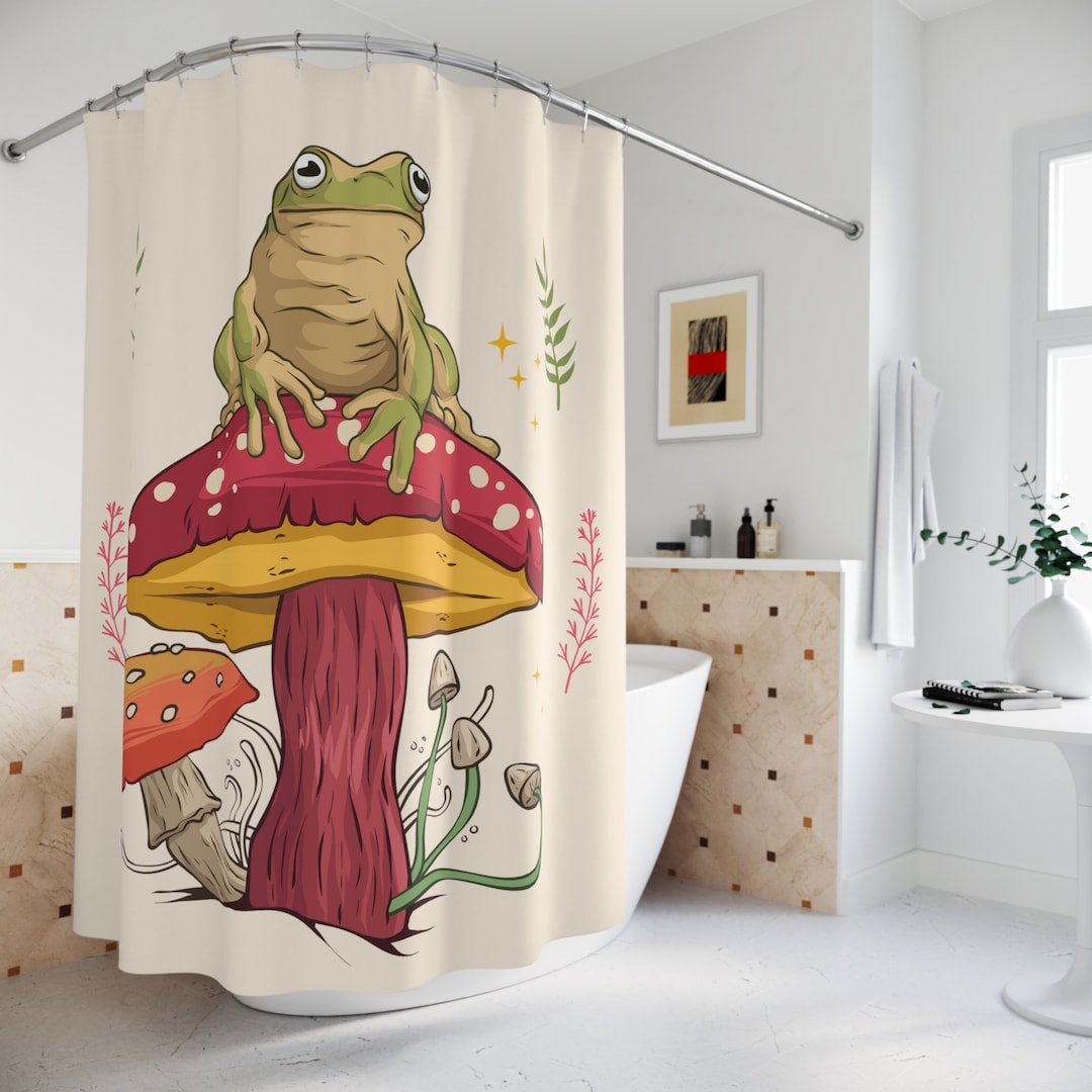 Frog Shower Curtain Mushroom Shower Curtain Cottagecore Bathroom Decor ...