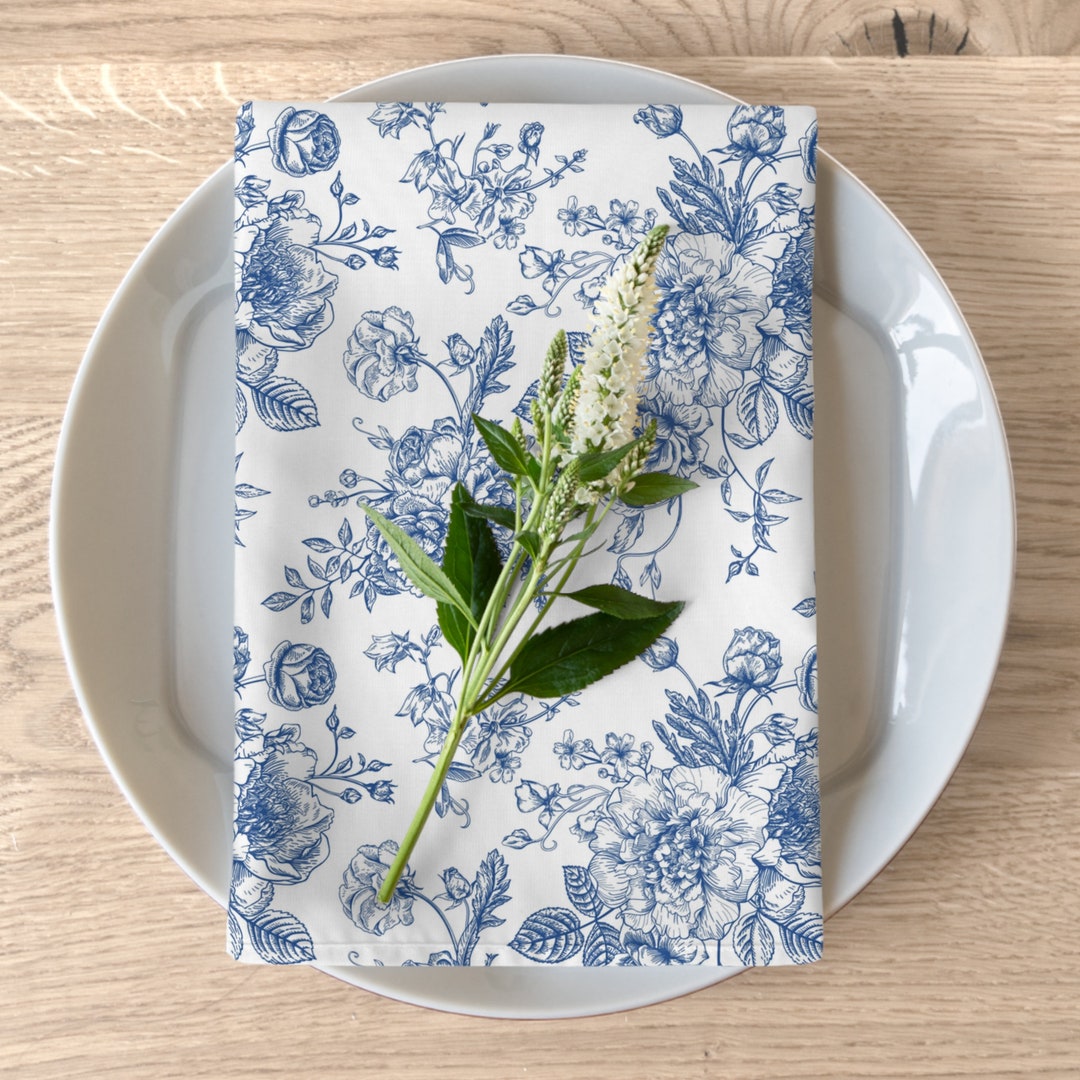 Blue Floral Cloth Napkins | Set of 4 | Toile Linens | Chinoiserie Decor ...