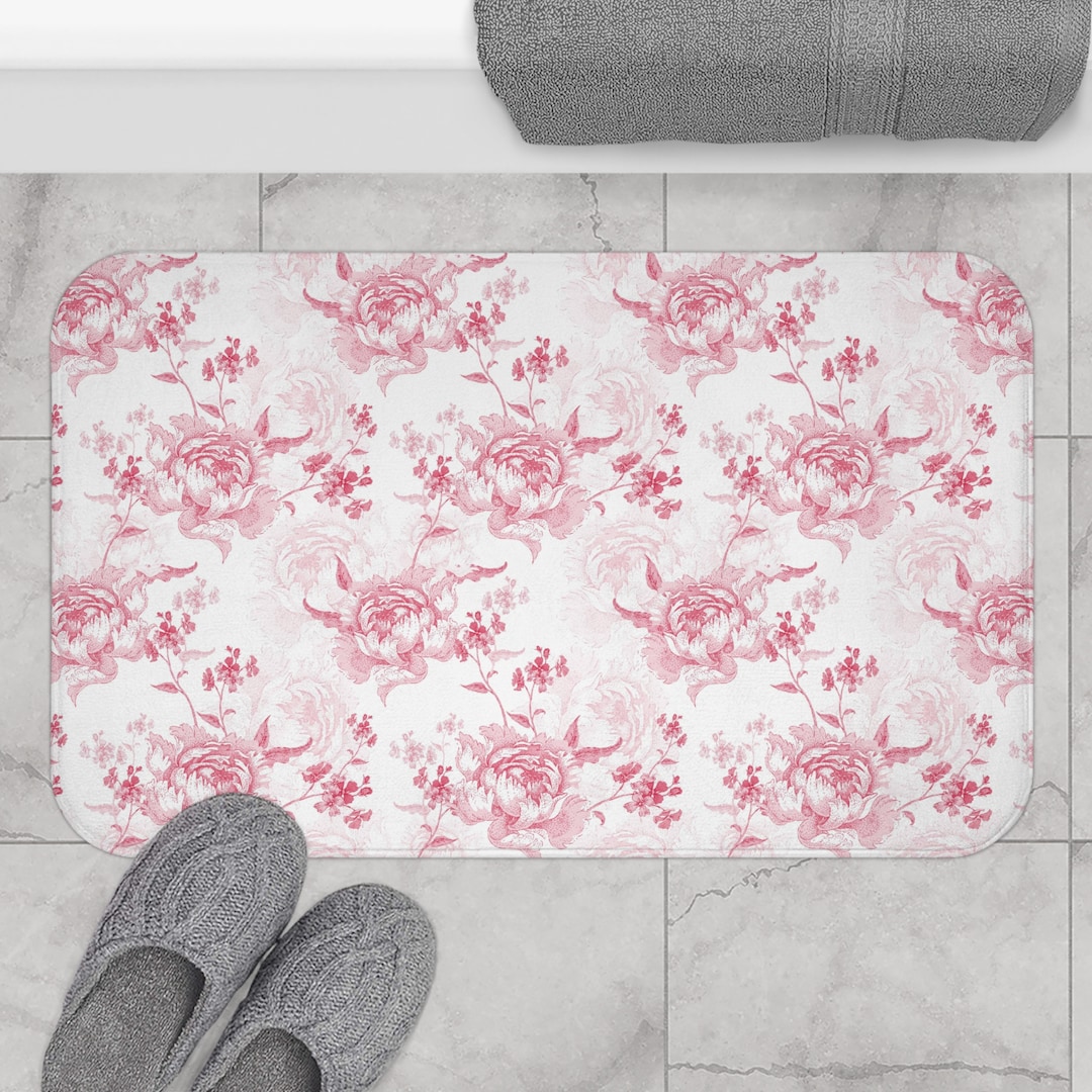 Pink Toile Bath Mat | Rose | Floral Bath Mat | Victorian Bathroom Decor ...