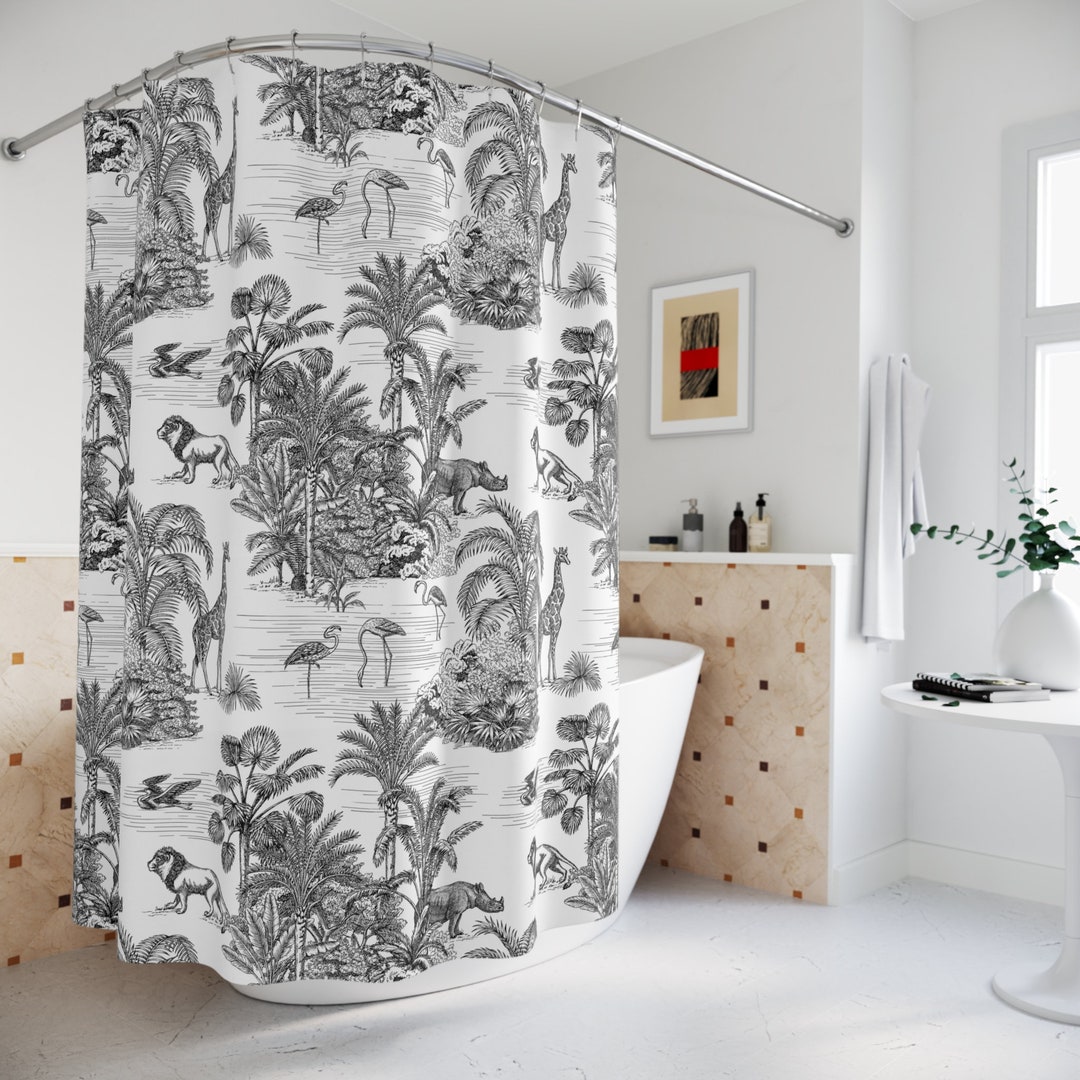 Vintage Jungle Animals Shower Curtain, Tropical Safari Bath Decor, Palm ...