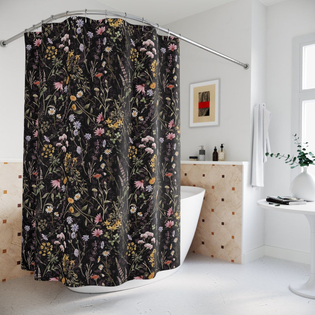 Dark Floral Shower Curtain | Cottagecore Bath Decor | Farmhouse Shower ...
