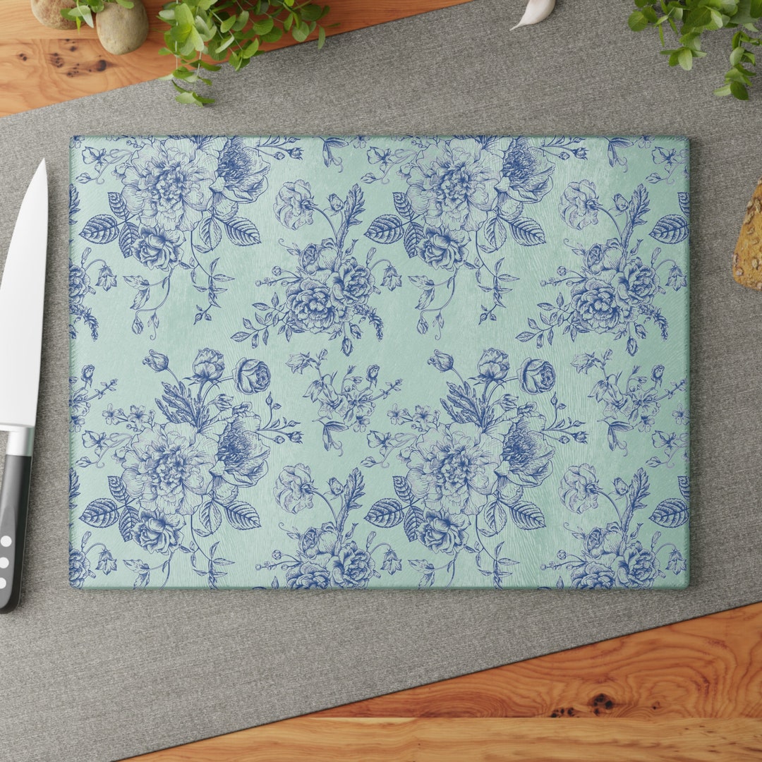 Floral Glass Cutting Board | Cottagecore Cutting Board | Blue Toile ...
