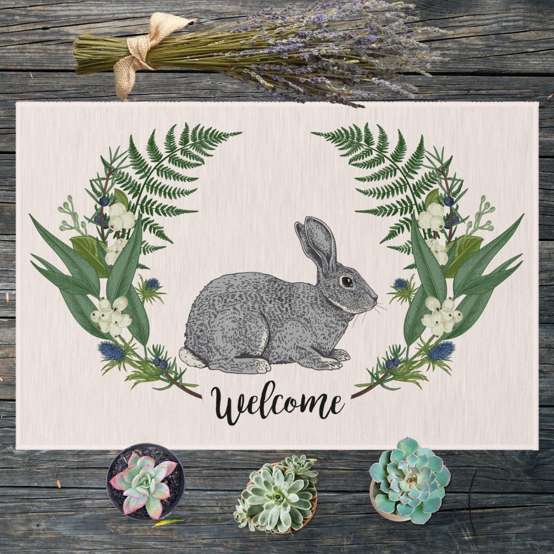 Vintage Rabbit Welcome Mat | Floral Doormat | Botanical Doormat ...