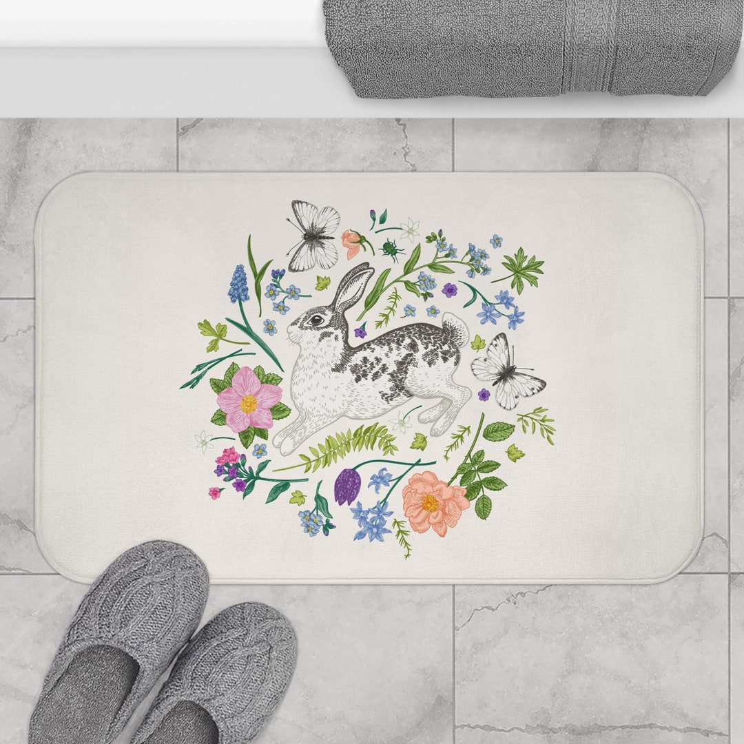 Vintage Rabbit Bath Mat | Toile | Cottagecore Bath Mat | Botanical ...
