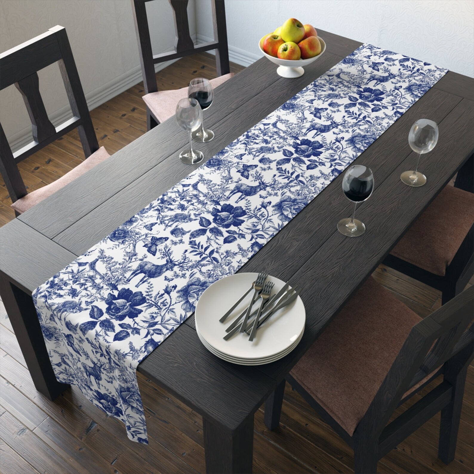 Blue Floral Table Runner | Toile Linens | Victorian Table Runner ...
