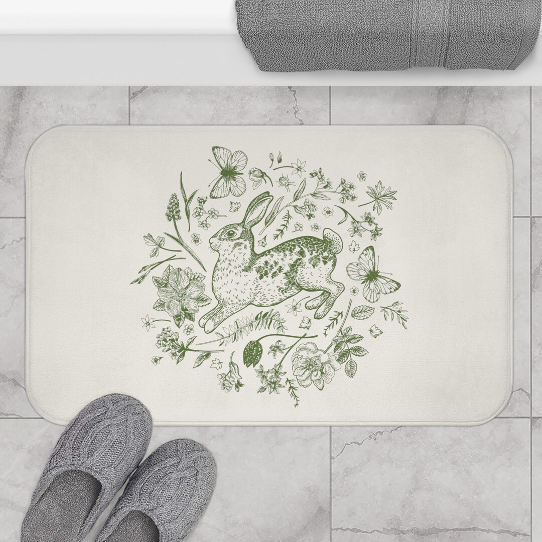 Vintage Rabbit Bath Mat | Green Toile | Cottagecore Bath Mat ...