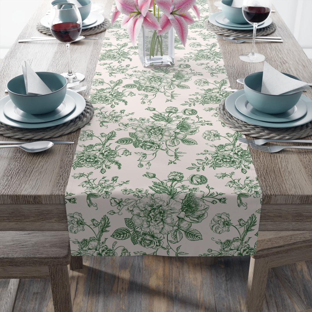 Green Floral Table Runner | Toile Table Runner | Chinoiserie Decor ...