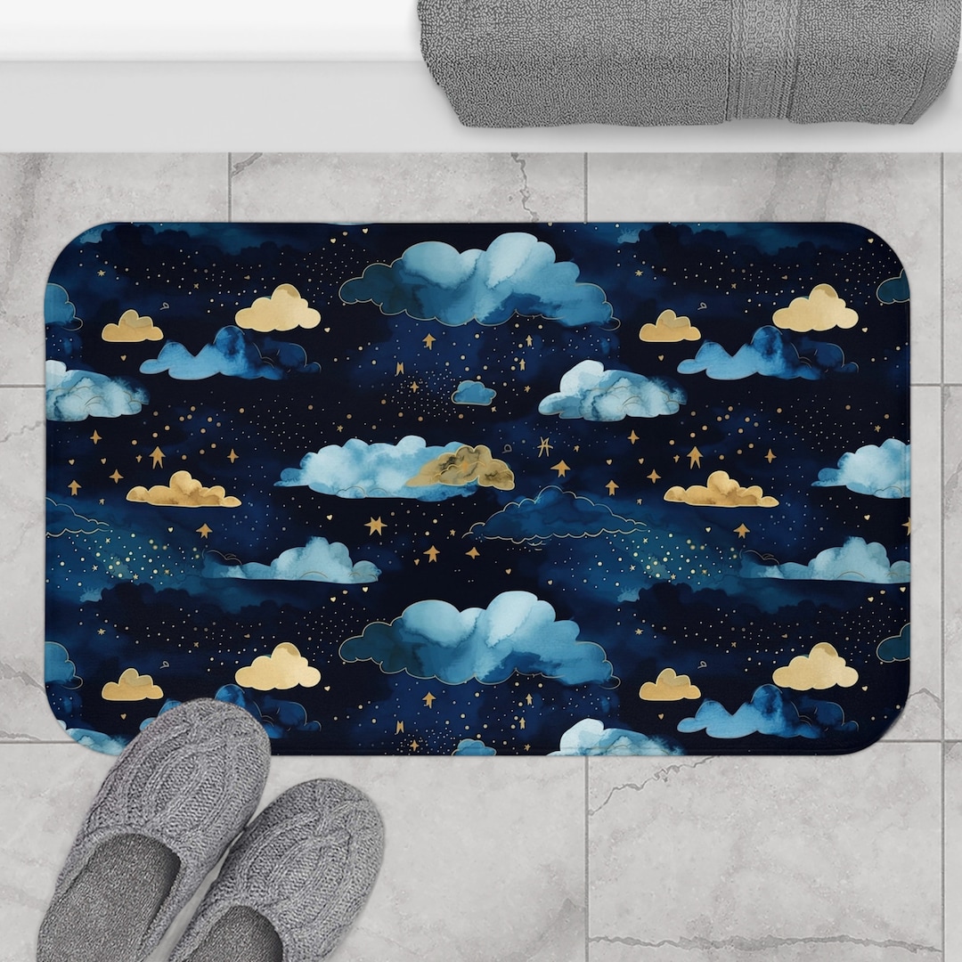Celestial Bath Mat | Stars and Clouds | Dark Blue Bath Mat | Boho Bath ...