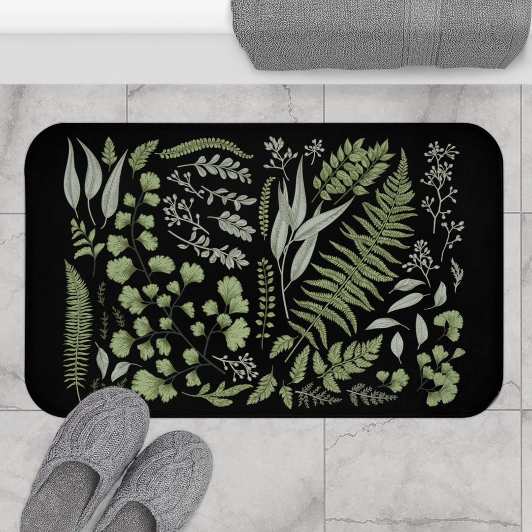 Black Botanical Bath Mat | Vintage | Fern | Eucalyptus | Floral Bath ...