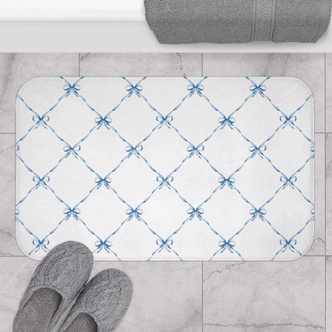 Coquette Preppy Bath Mat | Blue Coquette Ribbons Bows | Grandmillennial ...