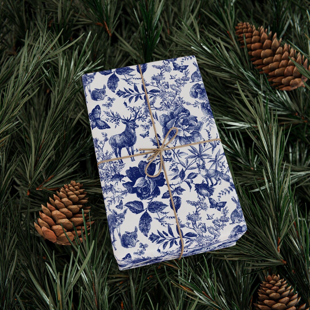 Blue Toile Gift Wrapping Paper, Vintage Floral Design, Perfect for ...