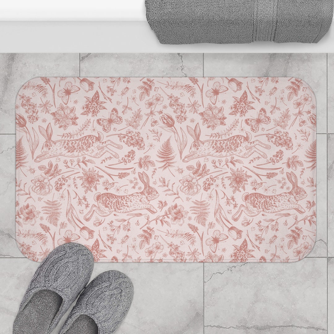 Vintage Rabbit Bath Mat Pink Toile Cottagecore Bath Mat Botanical Bath ...