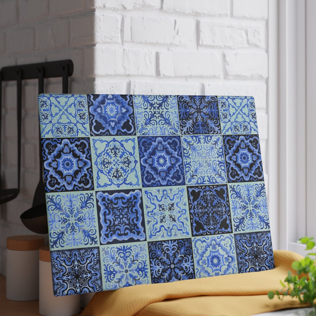 Blue Spanish Tile Glass Cutting Board | Charcuterie Board ...