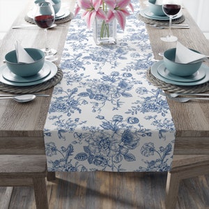 Blue Floral Table Runner | Toile Table Runner | Chinoiserie Decor | Victorian Table Decor ...