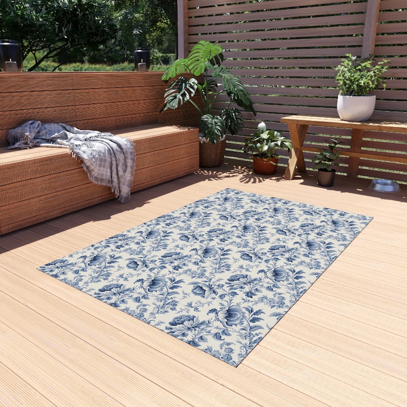 French Toile Indoor/outdoor Rug | Blue Floral Patio Rug | Victorian Rug ...