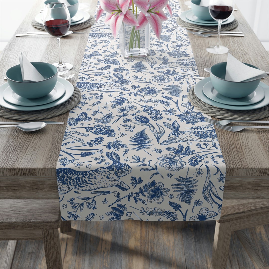 Vintage Rabbit Table Runner Blue Toile Cottagecore Table Runner ...