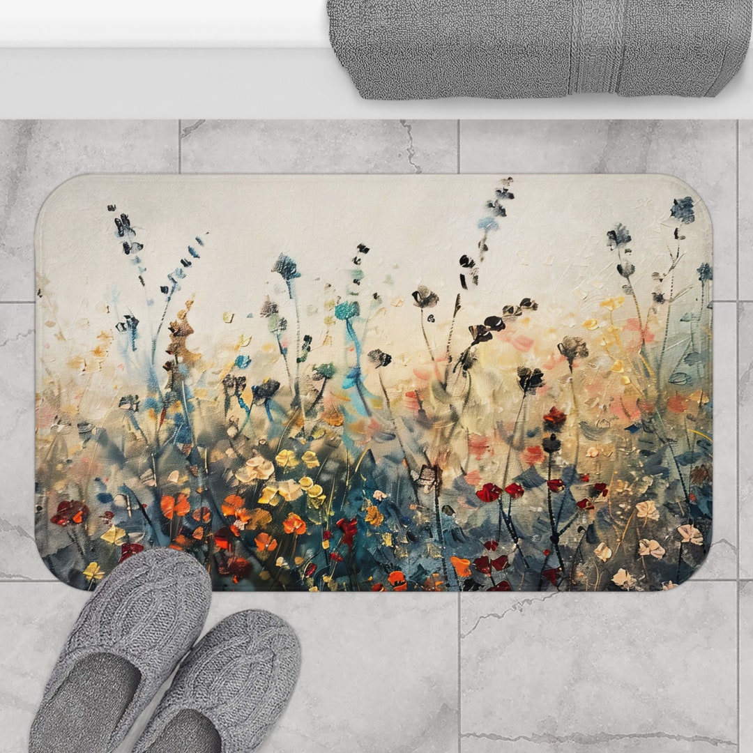 Botanical Bath Mat, Wildflowers Watercolor Floral Print Rug, Vintage ...