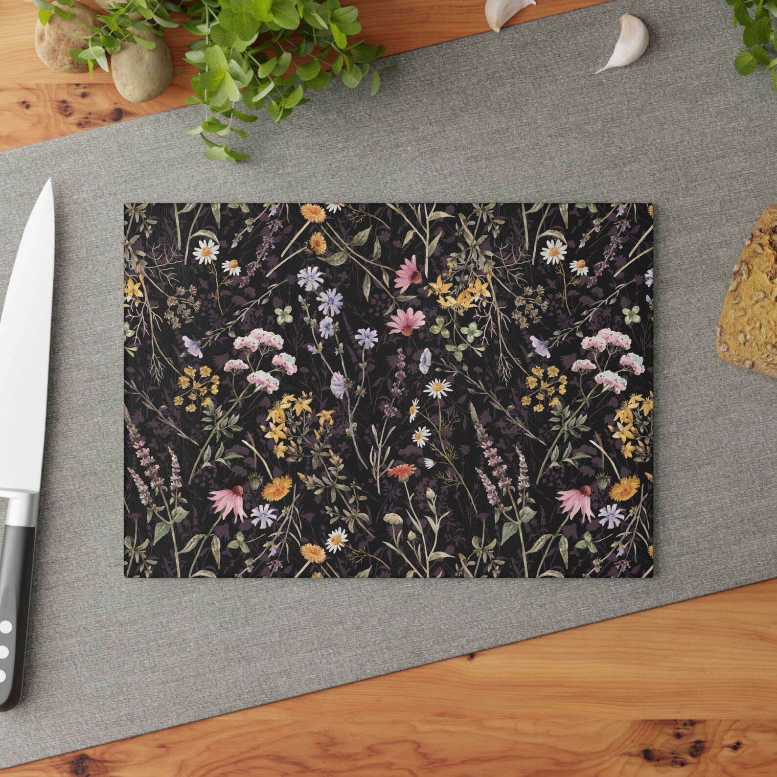 Dark Floral Glass Cutting Board | Wildflowers | Cottagecore Home Decor ...
