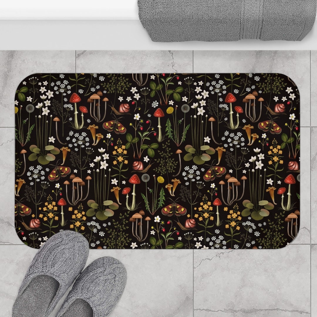 Cottagecore Bath Mat | Mushroom Bath Mat | Dark Floral Bath Mat ...