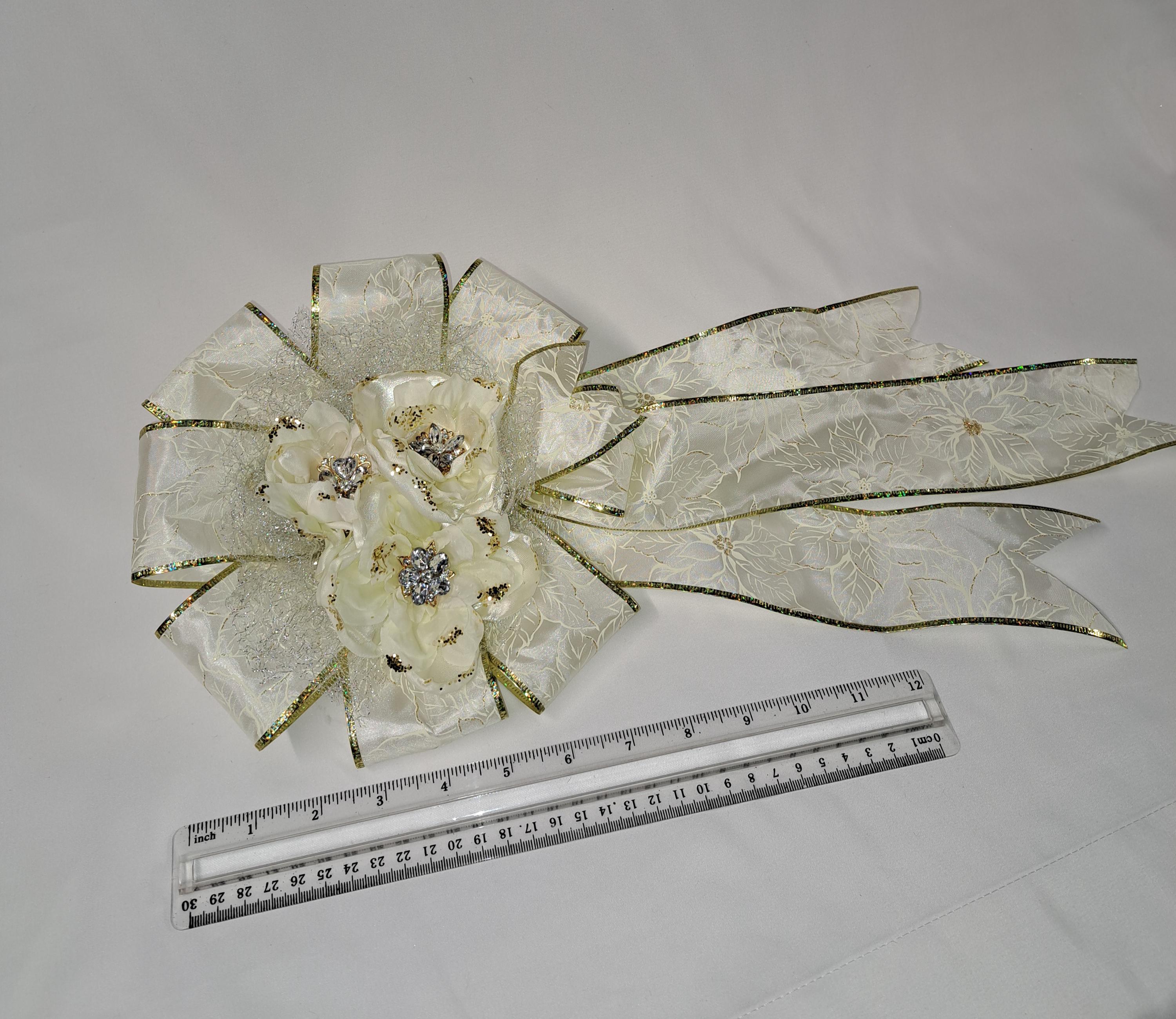 Unique Ivory and Gold Embellished Christmas Bow With Rhinestone Accents ...