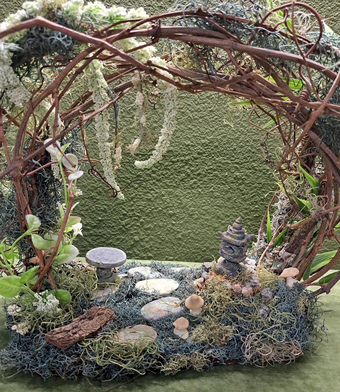 Zen Fairy Secret Garden. Rustic Lantern, Birdbath, Flowering Vines ...
