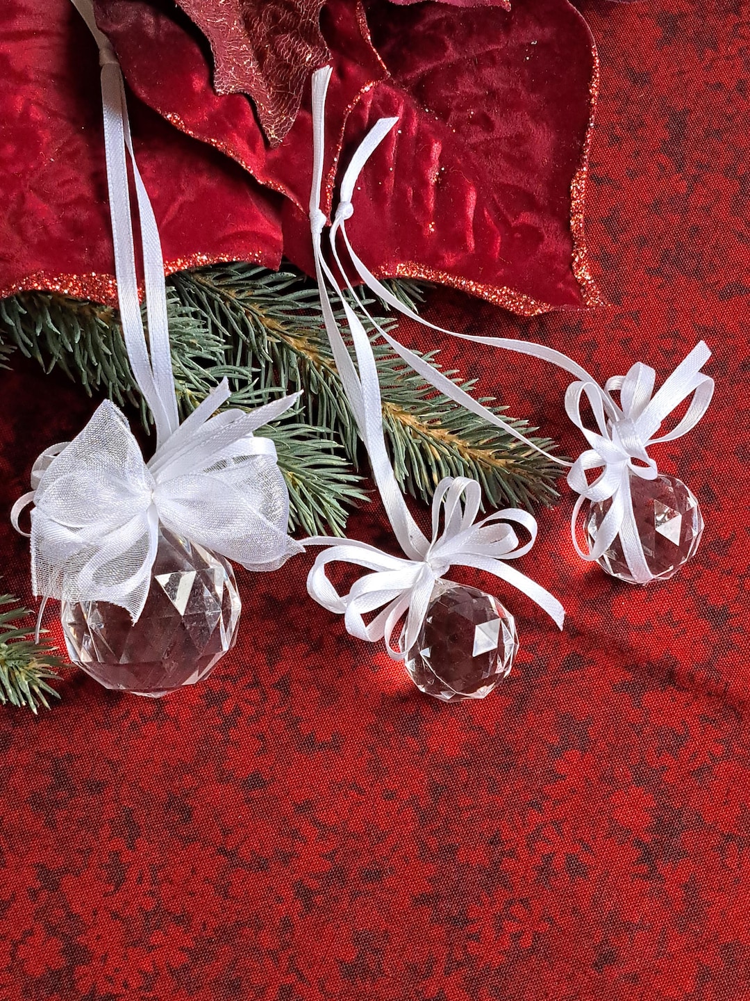 Christmas Prism Set of 3 Shiny Prism Ornaments With White Satin Bows ...