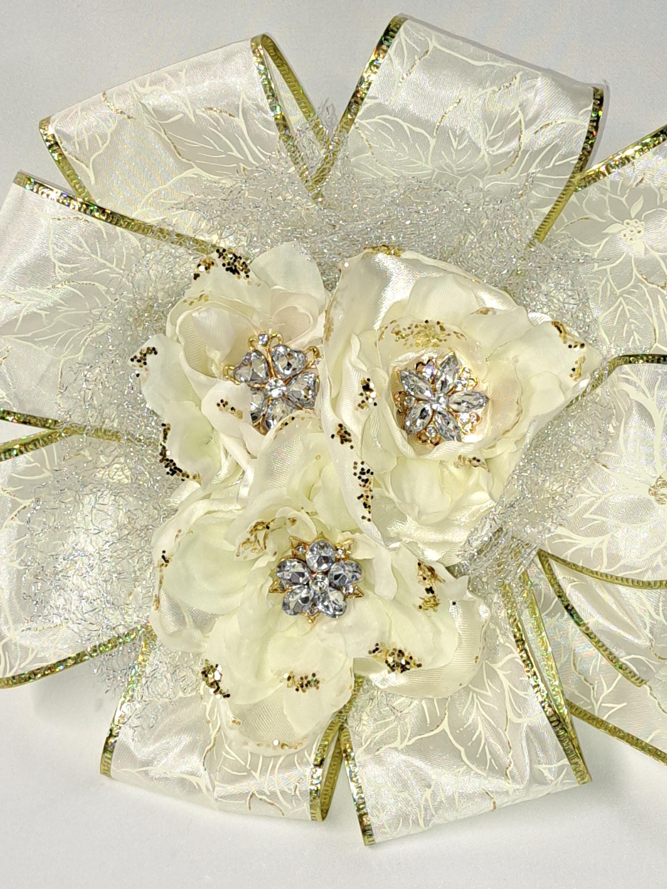 Unique Ivory and Gold Embellished Christmas Bow With Rhinestone Accents ...