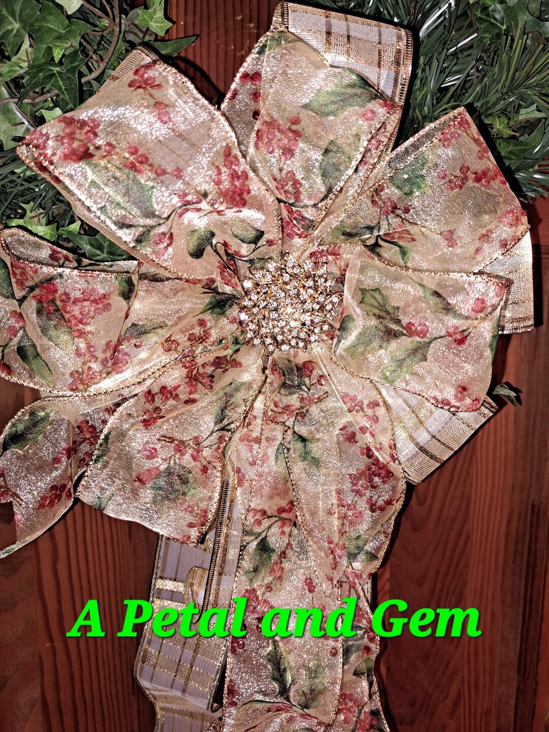 Large Embellished Christmas Bow, Jeweled Wreath Bow Sheer Gold Holly ...