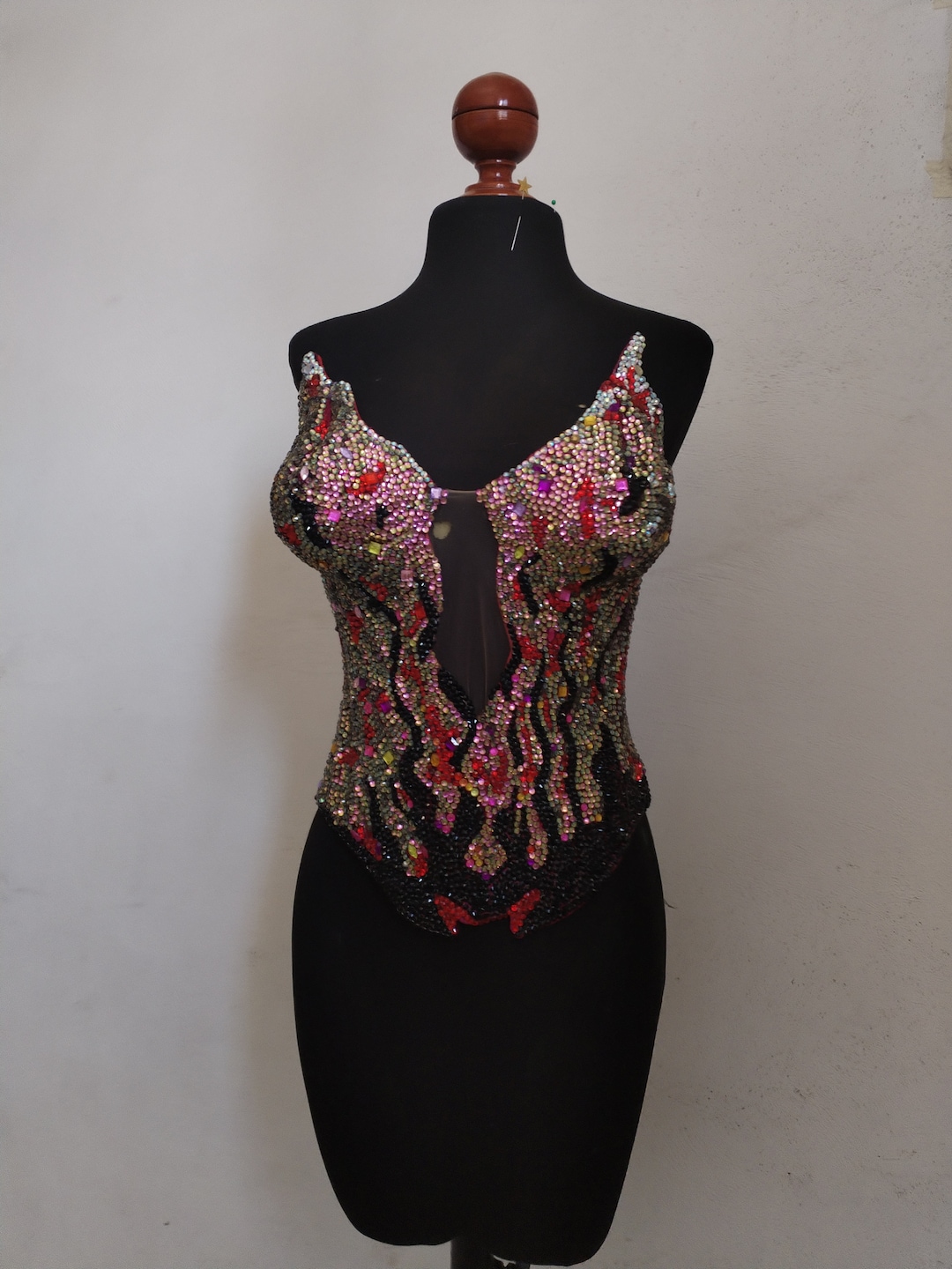 Rhinestone Fire Flame Corset, Velvet Embellished Bustier - Etsy
