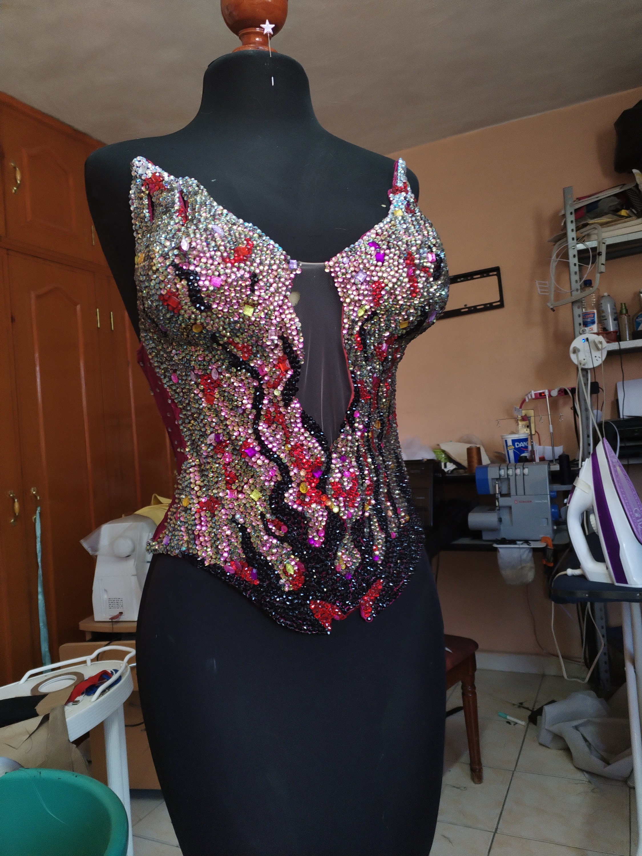 Fully Rhinestoned Corse Fire Colored Rhinestoned Corset With Velvet ...