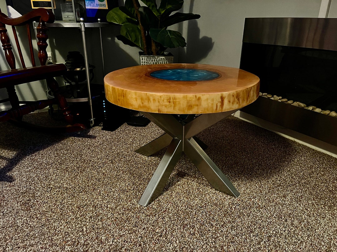 Epoxy Resin Solid Ash Wood Disk cookie Coffee Table on Spider Polished ...
