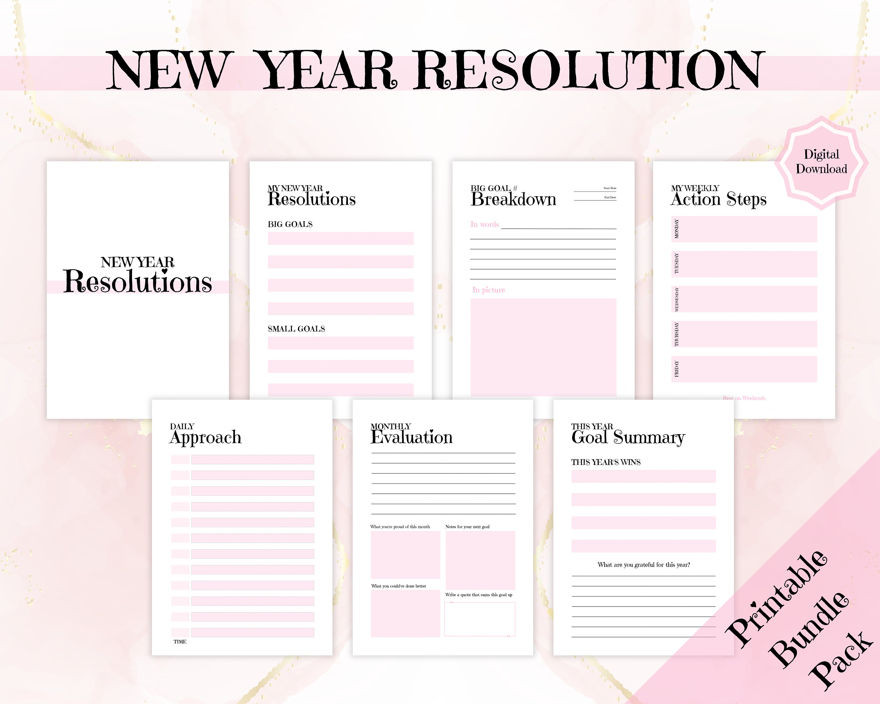Printable New Year Resolution Goal Setting Templates Bundle Pack ...