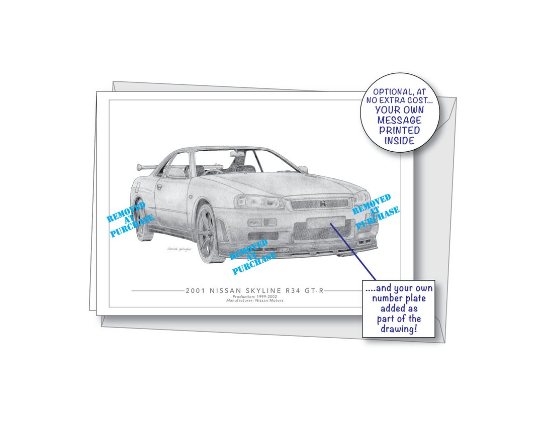 Nissan Skyline R34 GT-R Greeting Card, Personalised, Hand-drawn Plain ...