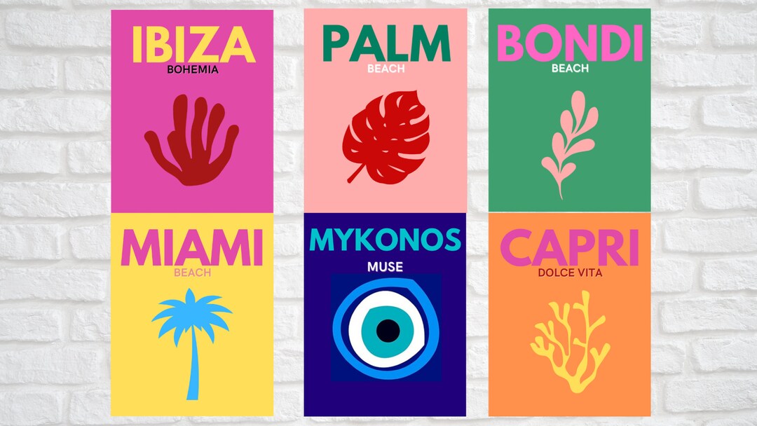 Preppy Travel Prints Set of 6, Palm Beach Print, Miami Beach Print ...