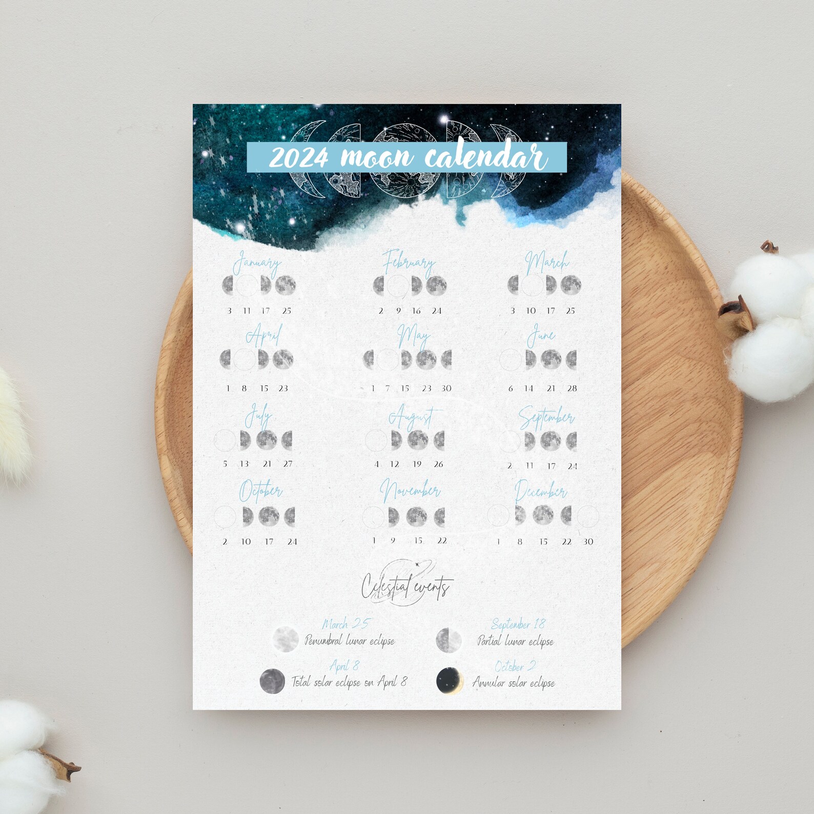 Printable 2024 Moon Calendar. Moon Phases Calendar 2x1 With Celestial ...