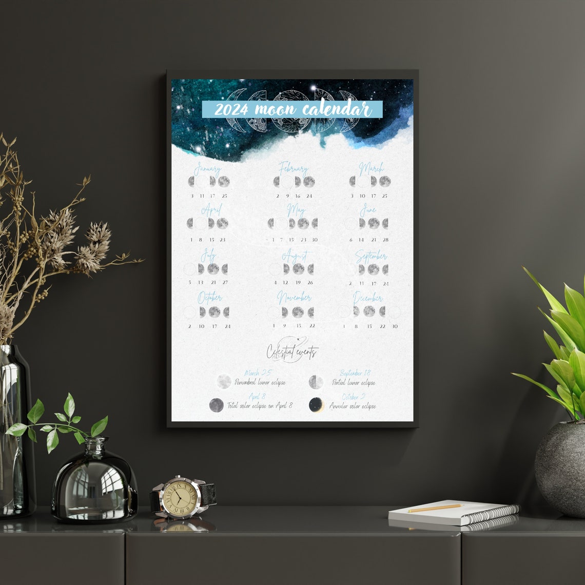 Printable 2024 Moon Calendar. Moon Phases Calendar 2x1 With Celestial ...
