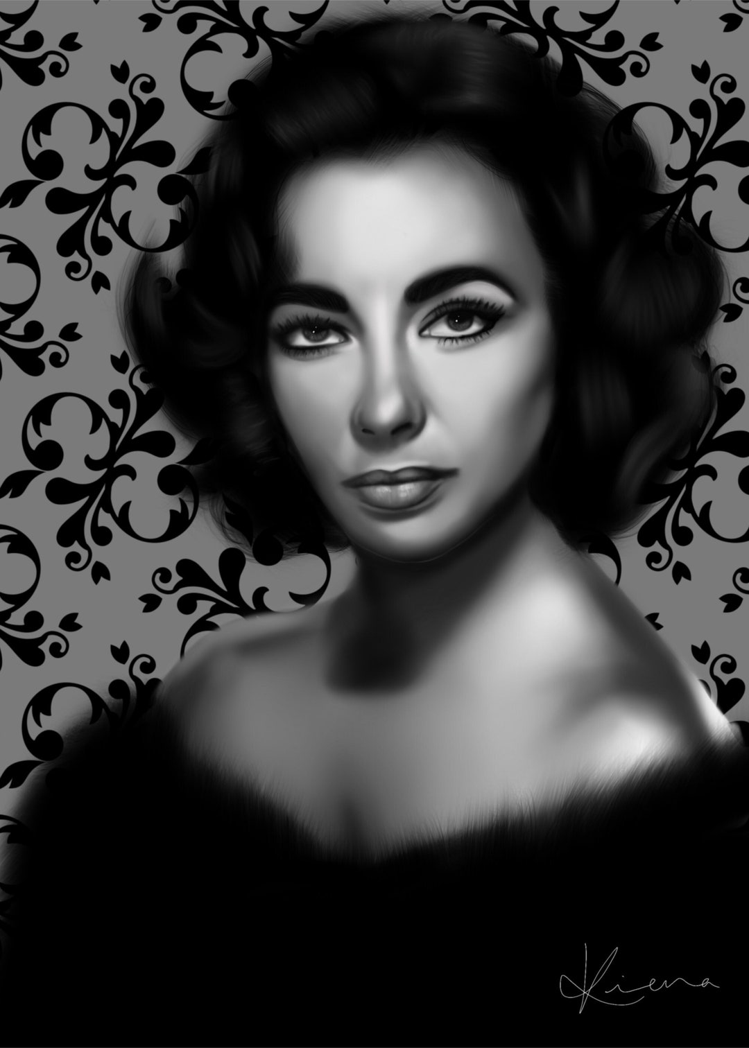 Elizabeth Taylor Airbrushed Digital Illustration (download) Black and ...