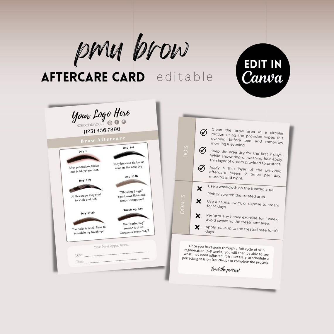 PMU Brow Healing Stages Template, Editable PMU Brow Aftercare Template ...