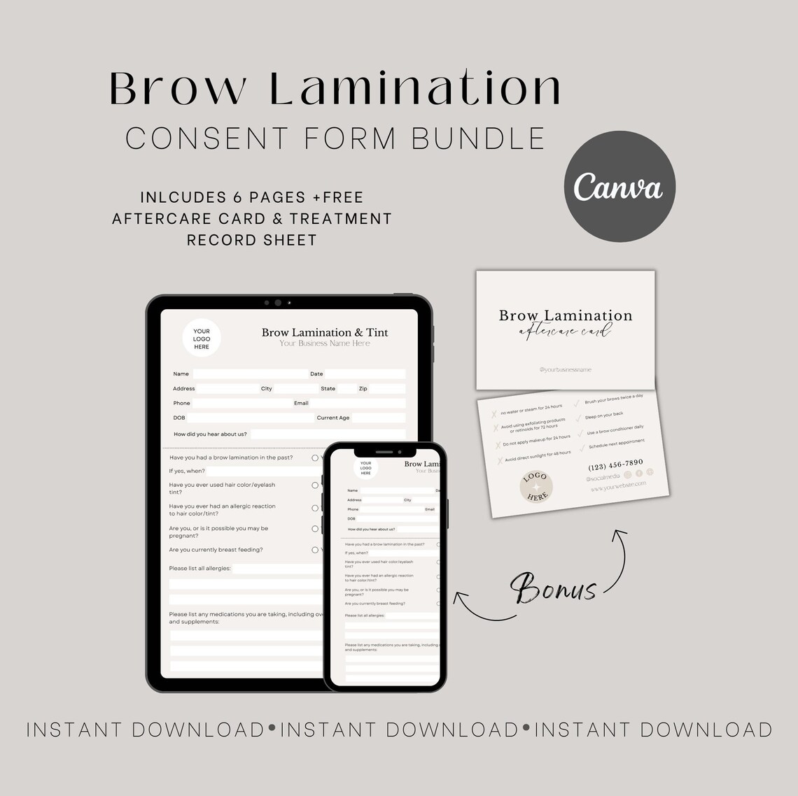 Brow Lamination + Tint Forms, Editable Templates, Neutral Esthetician ...
