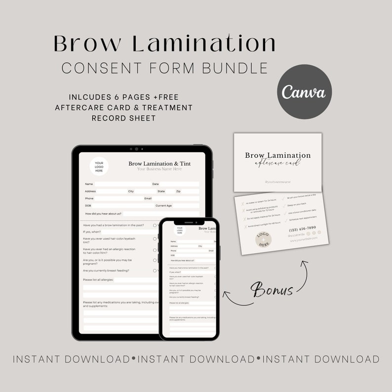 Brow Lamination + Tint Forms, Editable Templates, Neutral Esthetician ...