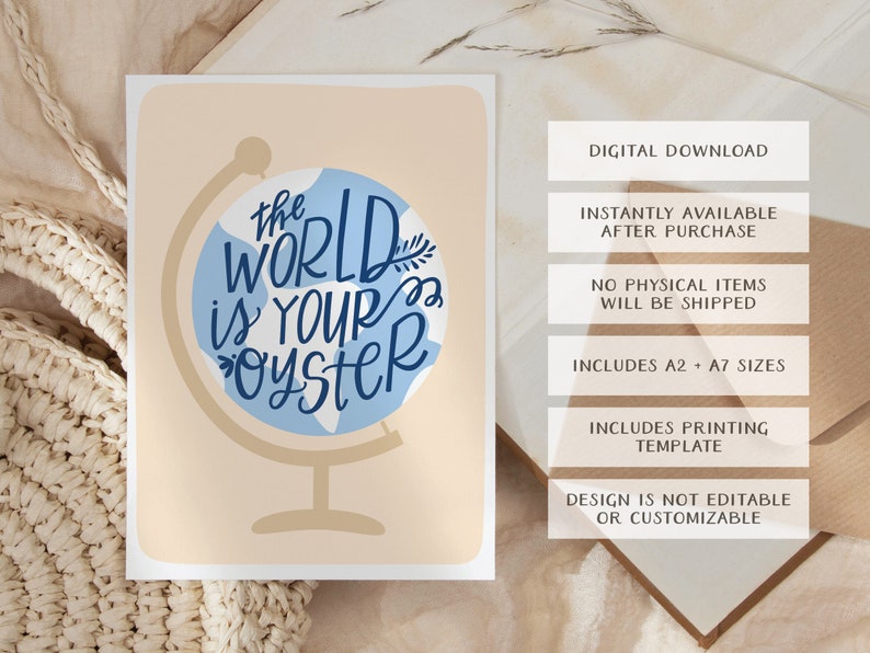 DIY Printable Greeting Card – A2 and A7 Size – the World is Your Oyster ...